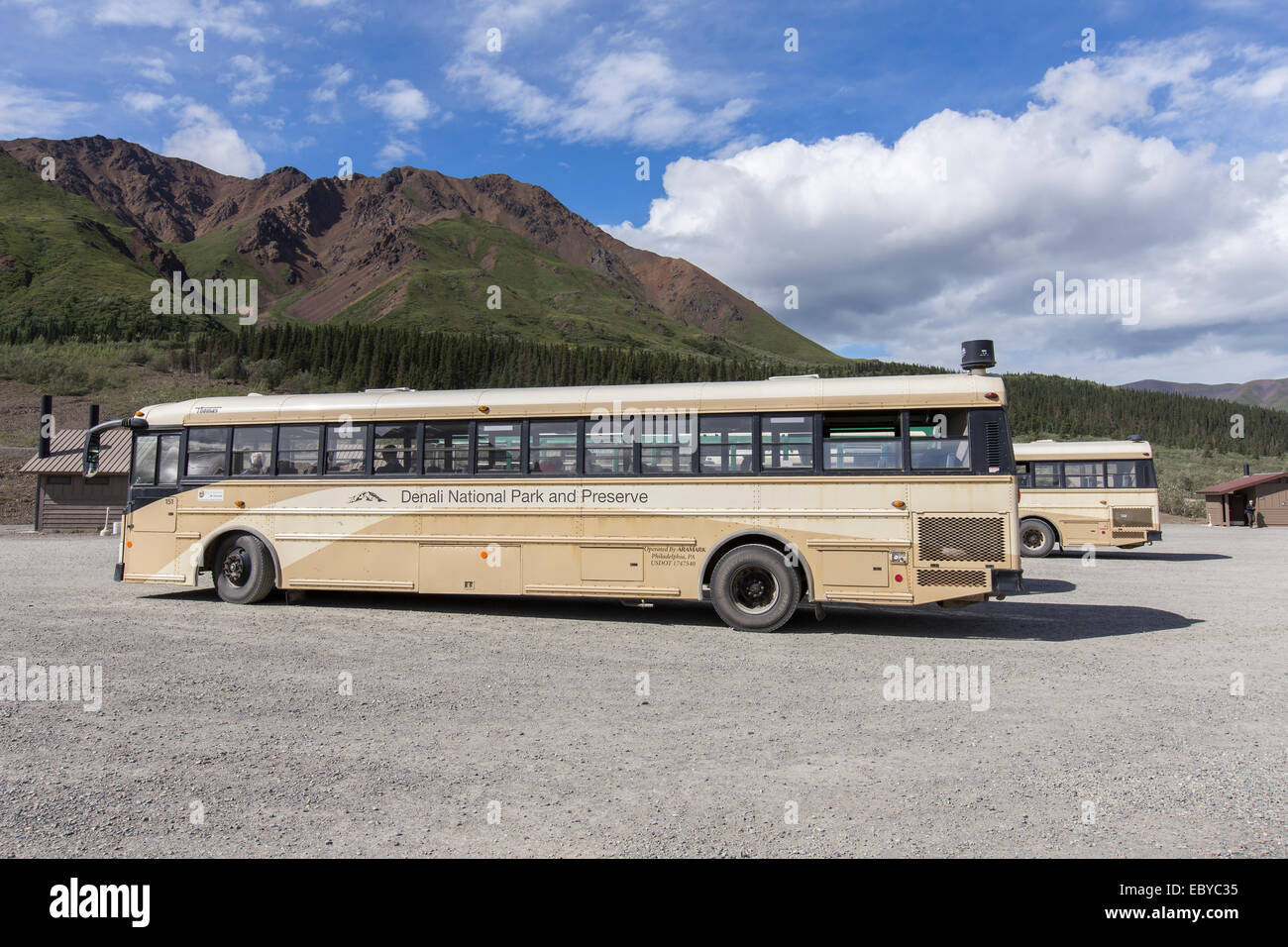 A tourist bus parked in Denali National Park and Preserve Stock Photo ...