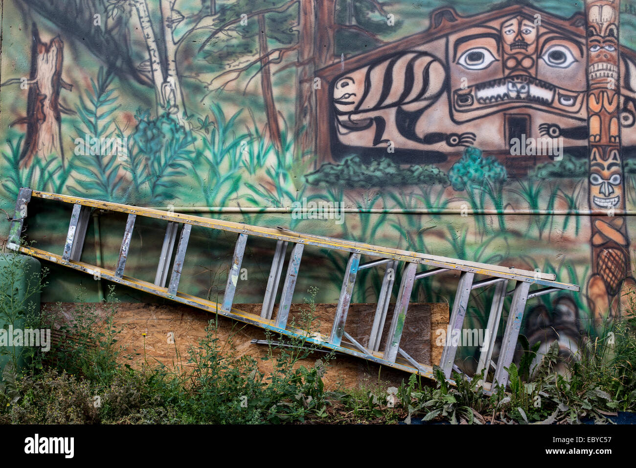 A mural and a ladder on a wall in Anchorage, Alaska, USA Stock Photo ...