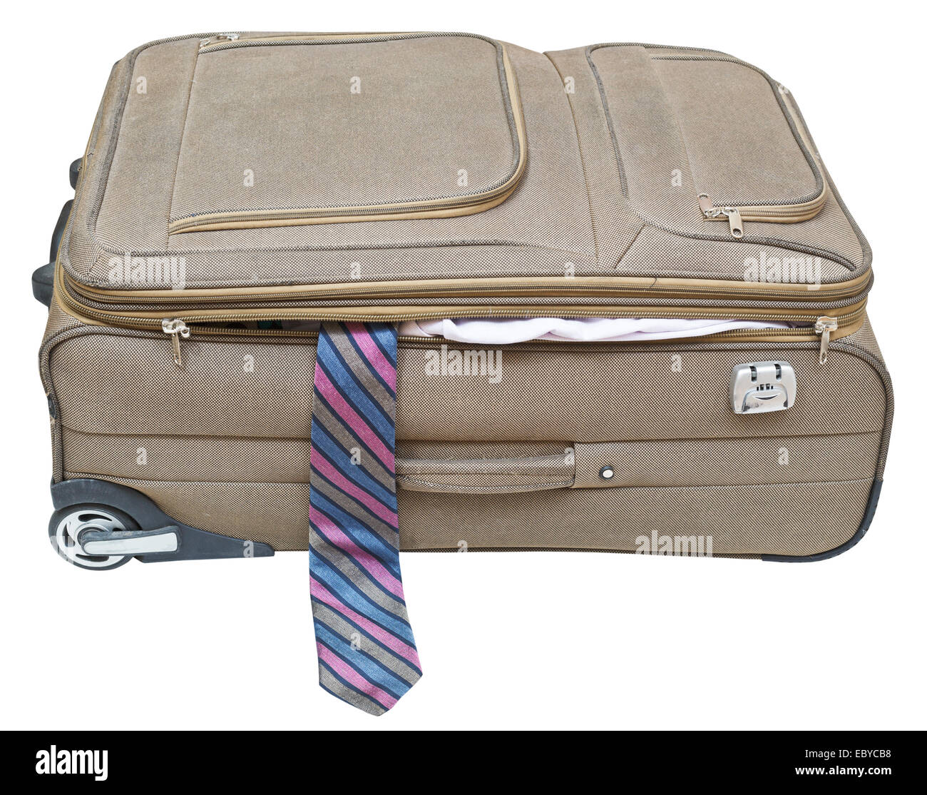 textile suitcase with fell out tie isolated on white background Stock ...
