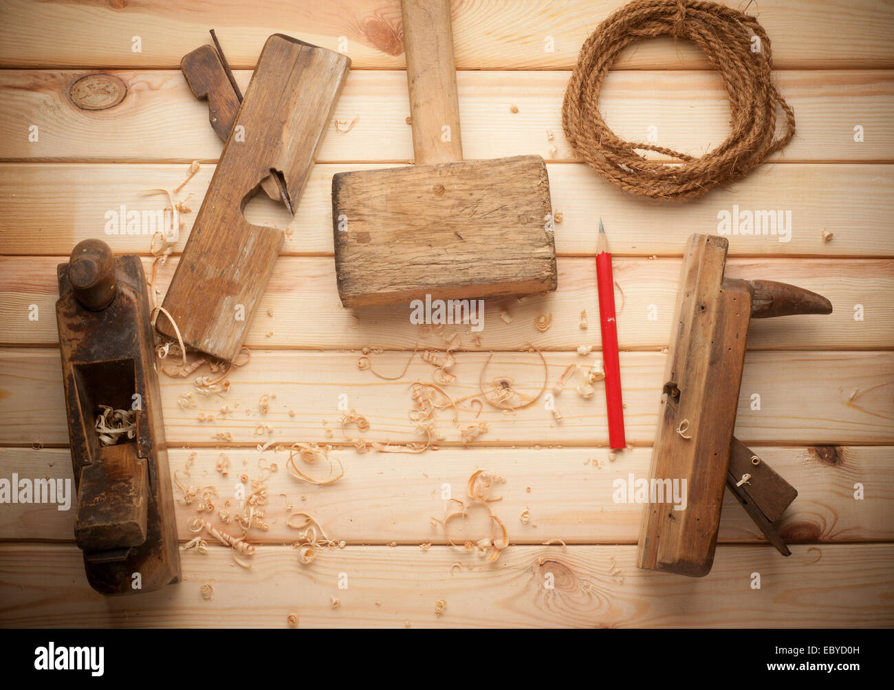 carpenter tools in pine wood table Stock Photo - Alamy