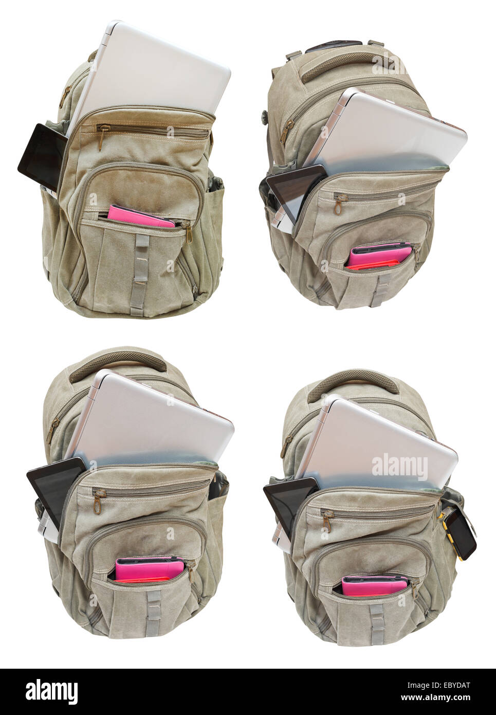 set of backpacks with mobile devices isolated on white background Stock ...