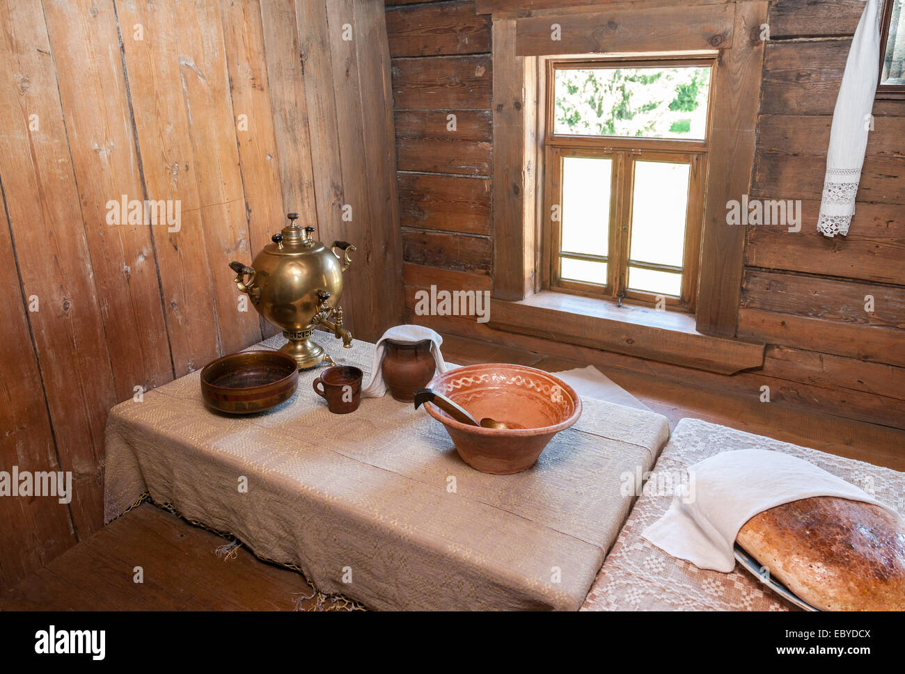Interior of old rural wooden house in the museum of wooden architecture ...