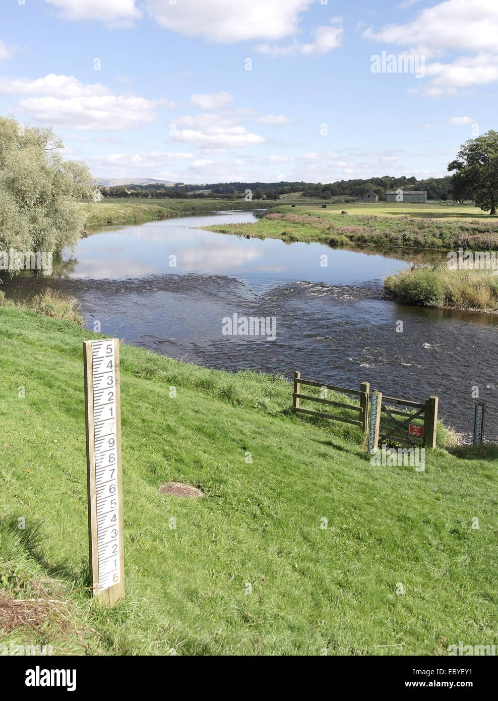 Blue sky portrait, upstream to Pendle Hill, flood measurement rulers on ...