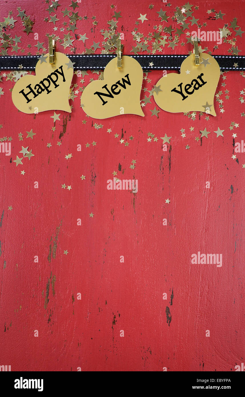 Happy New Year background with hanging hanging with sample text on red ...
