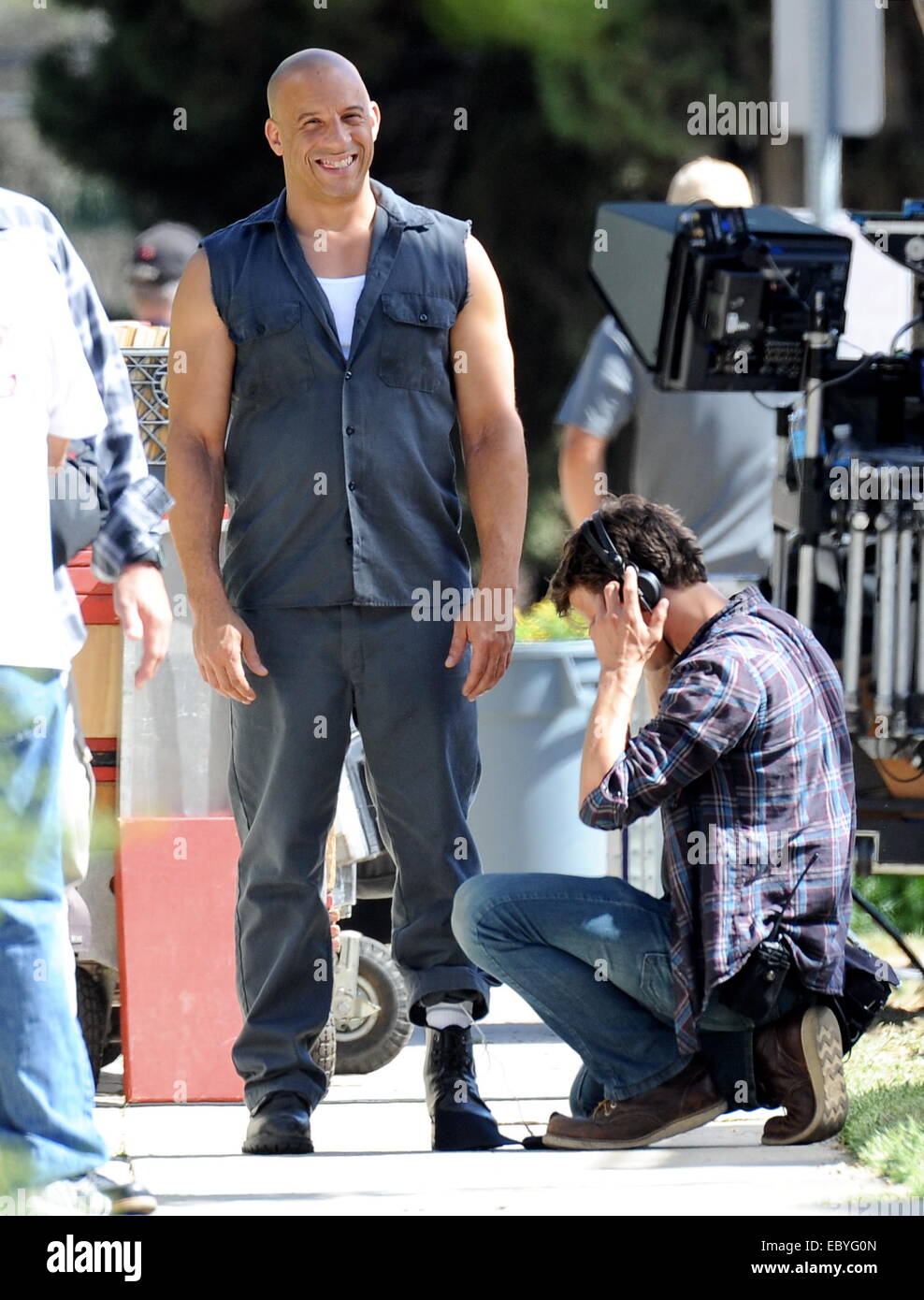Actor Vin Diesel gives a thumbs up to onlookers on the set of "Fast and ...