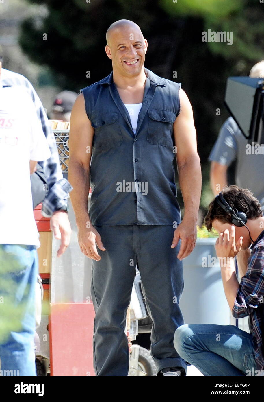 Actor Vin Diesel gives a thumbs up to onlookers on the set of "Fast and ...