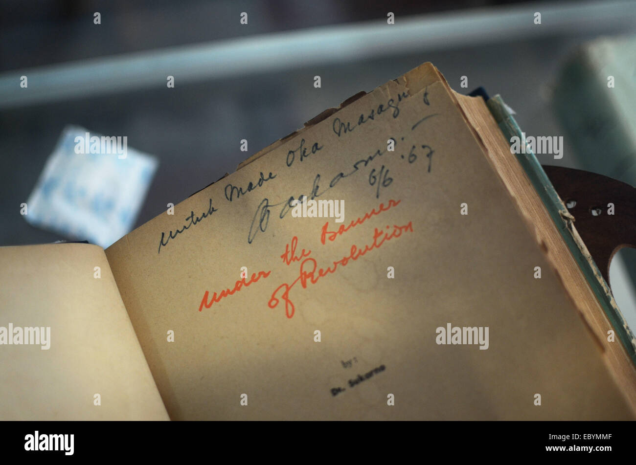 Blitar, Indonesia. August 13, 2013 -- Sukarno signature in his book ...