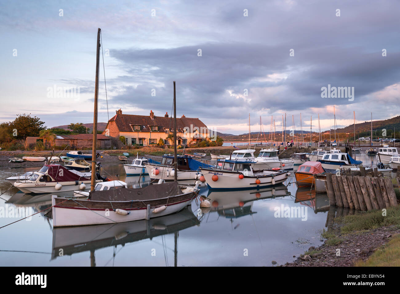 Boats moored in Porlock Weir Harbour, Exmoor, Somerset, England. Summer ...