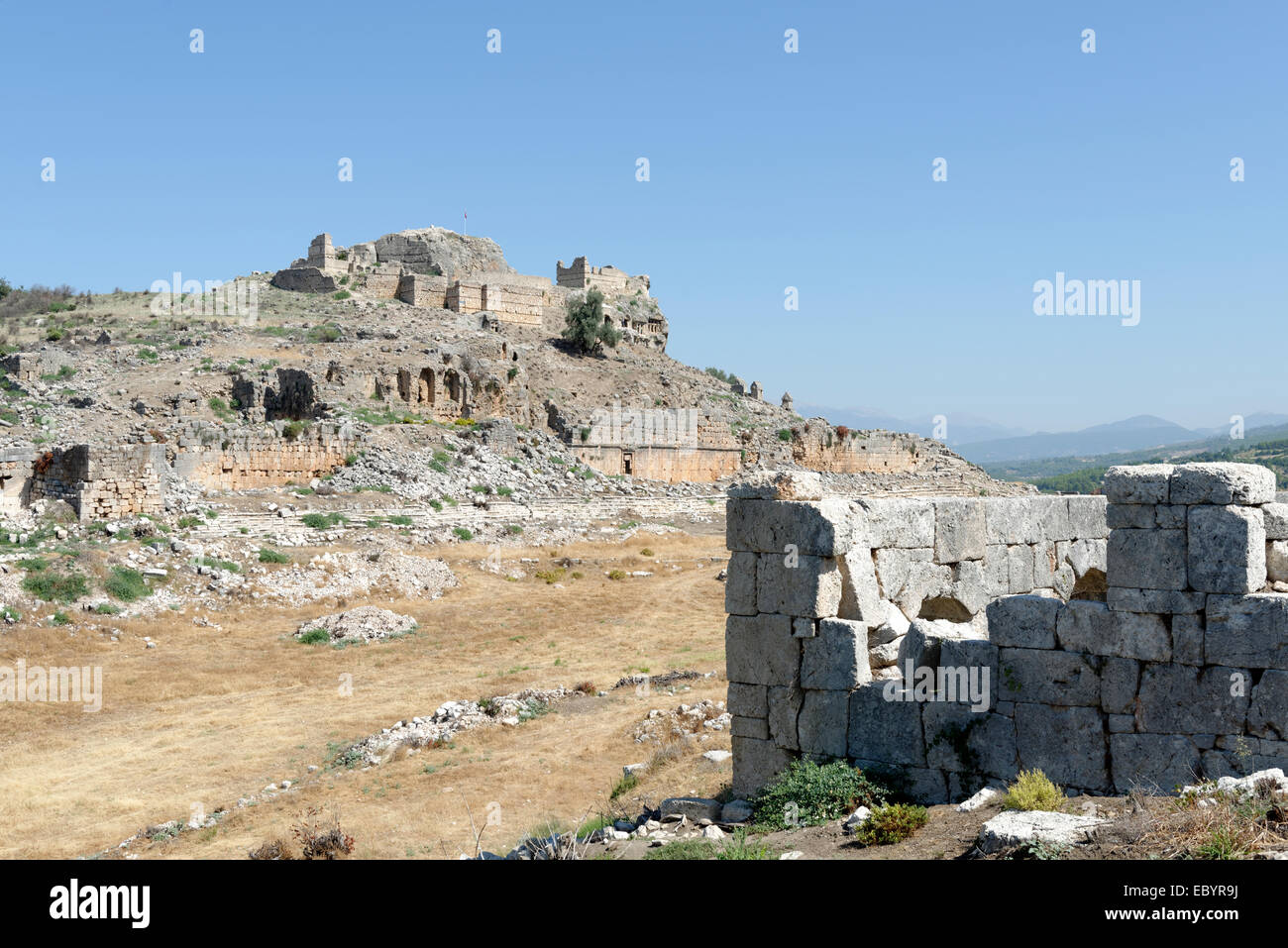 View over the stadium to the Acropolis. Ancient Lycian city of Tlos in ...