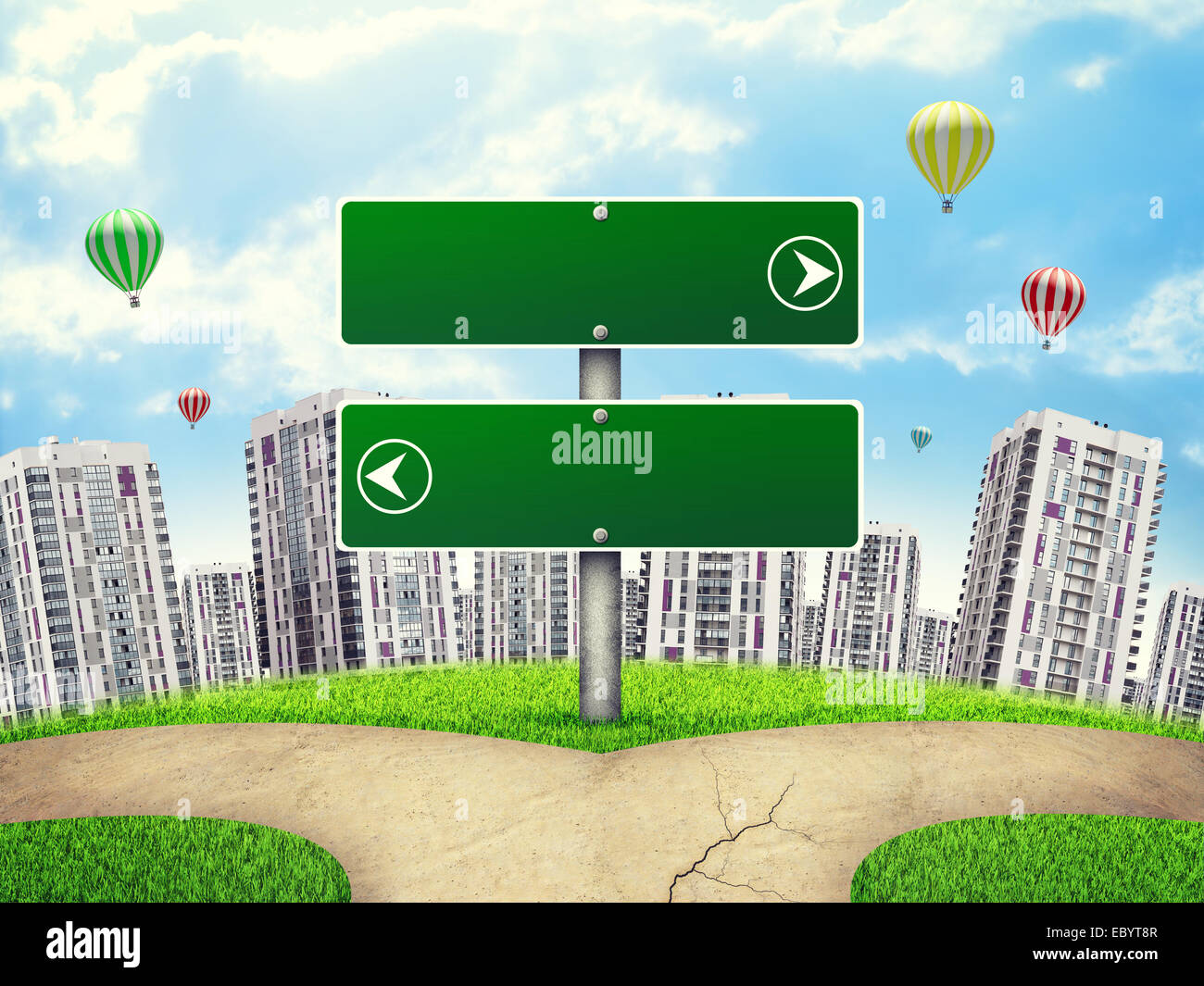 Blank route pointer against lhigh-rise buildings, curved Earth Stock ...