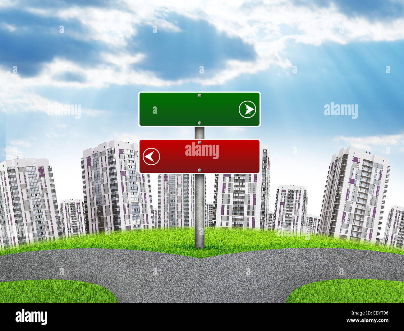 Blank route pointer against high-rise buildings, curved Earth Stock ...