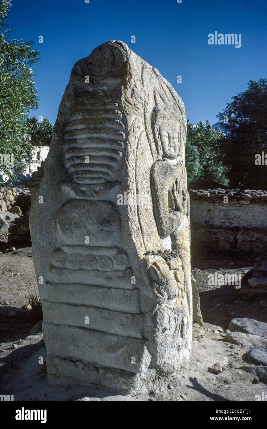 Ladakh Leh Chanspa chorten stone carved relic buddhist blue sky trees ...