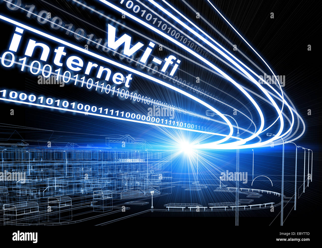 Wire-frame building, light beams, digits and words wi-fi, internet, on ...