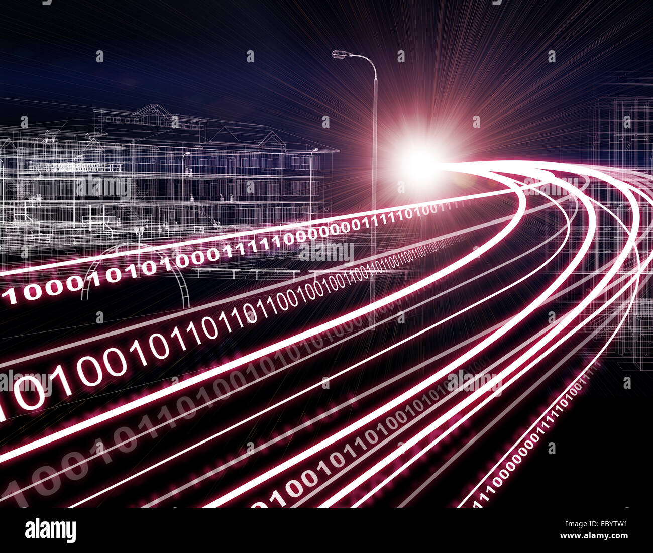 Wire-frame building, light beams and digits, on dark background Stock ...