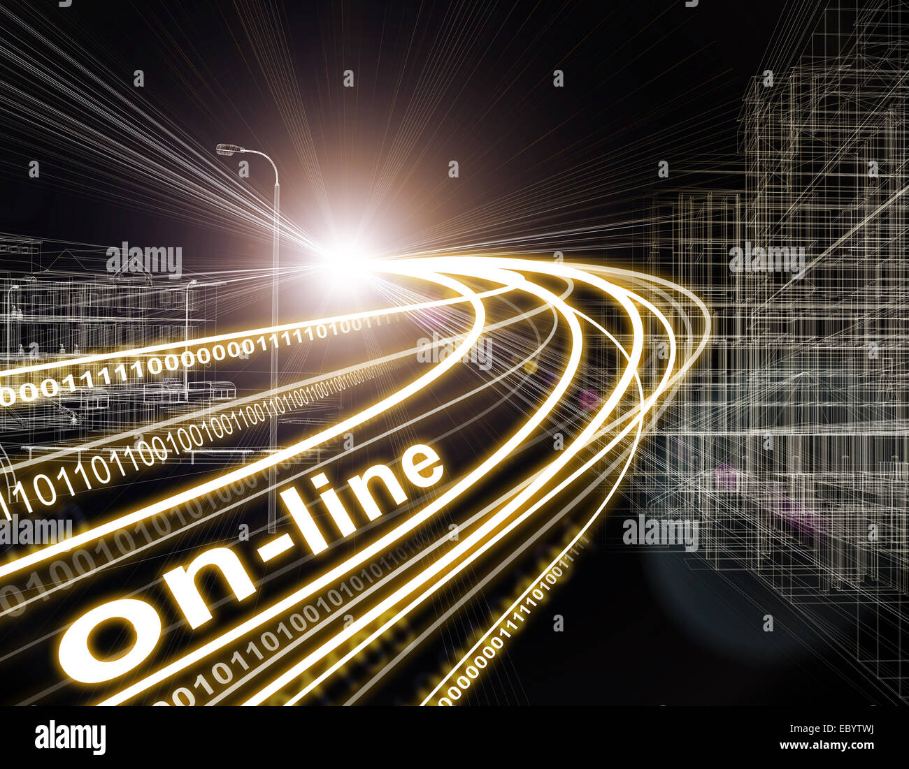 Wire-frame buildings, light beams, digits and word on-line, on dark ...