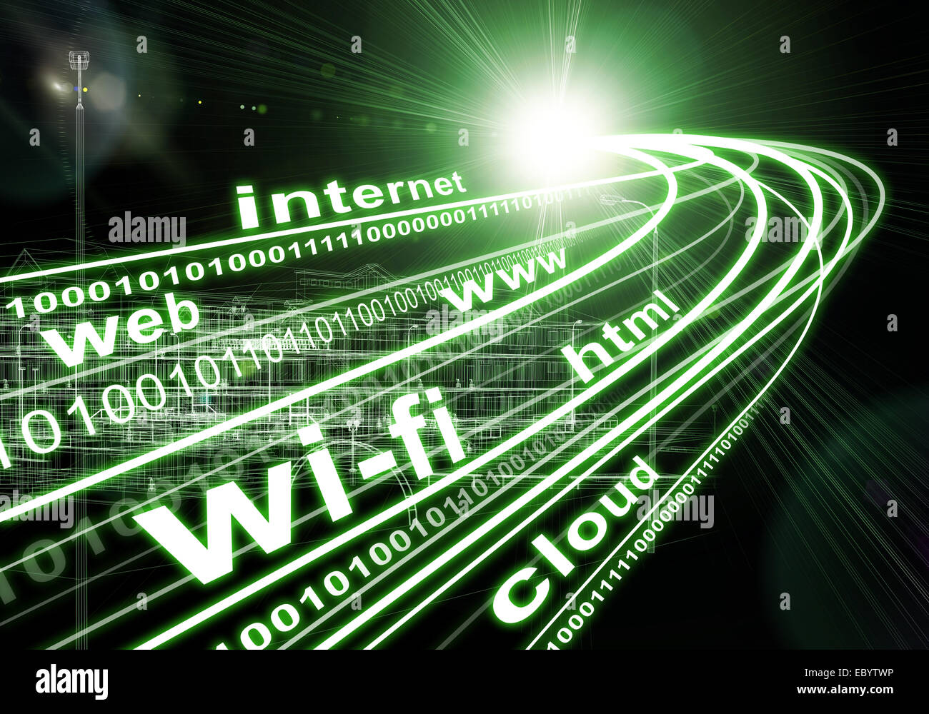 Wire-frame building, light beams, digits and words like internet, web ...