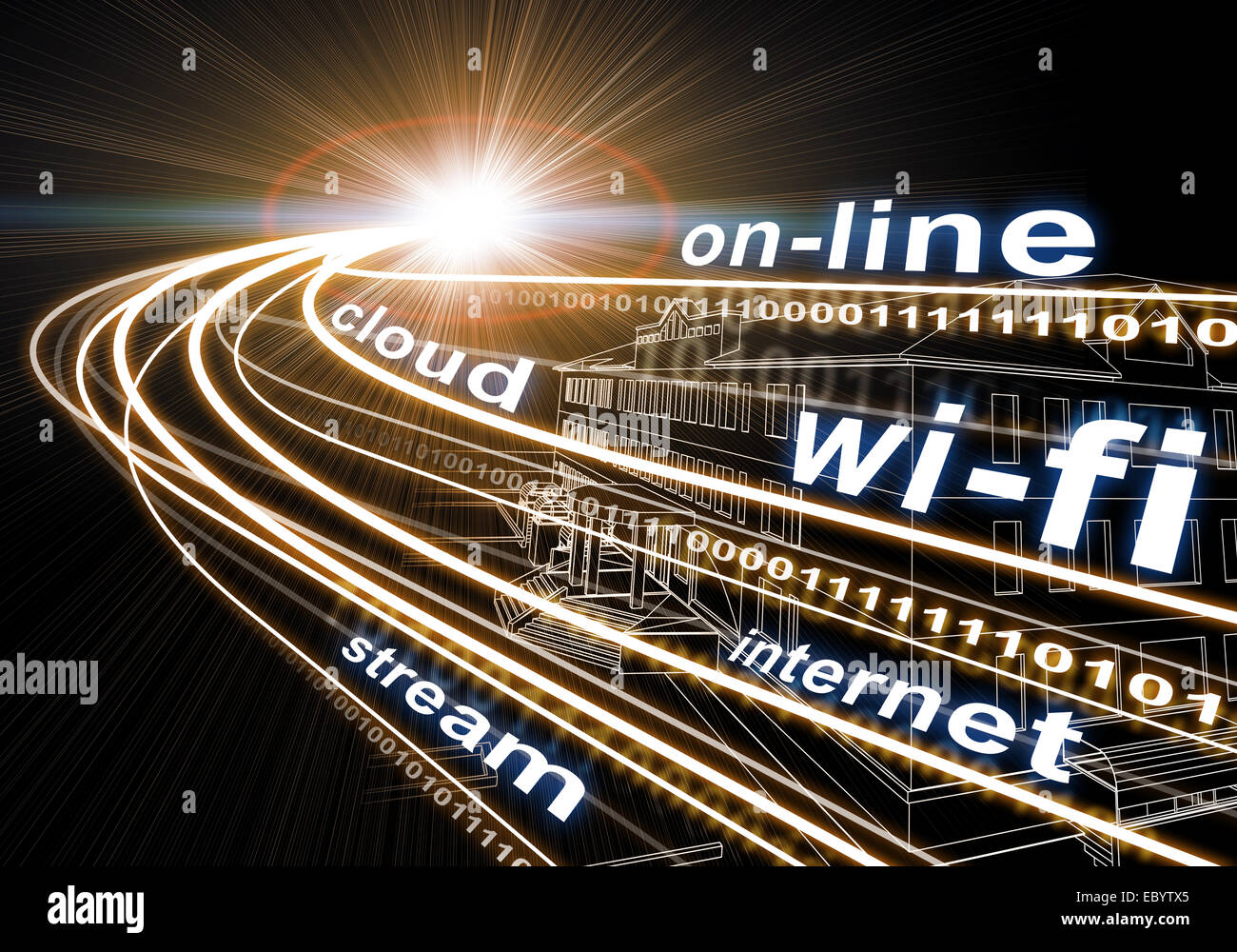 Wire-frame building, light beams, digits and words like internet, on ...