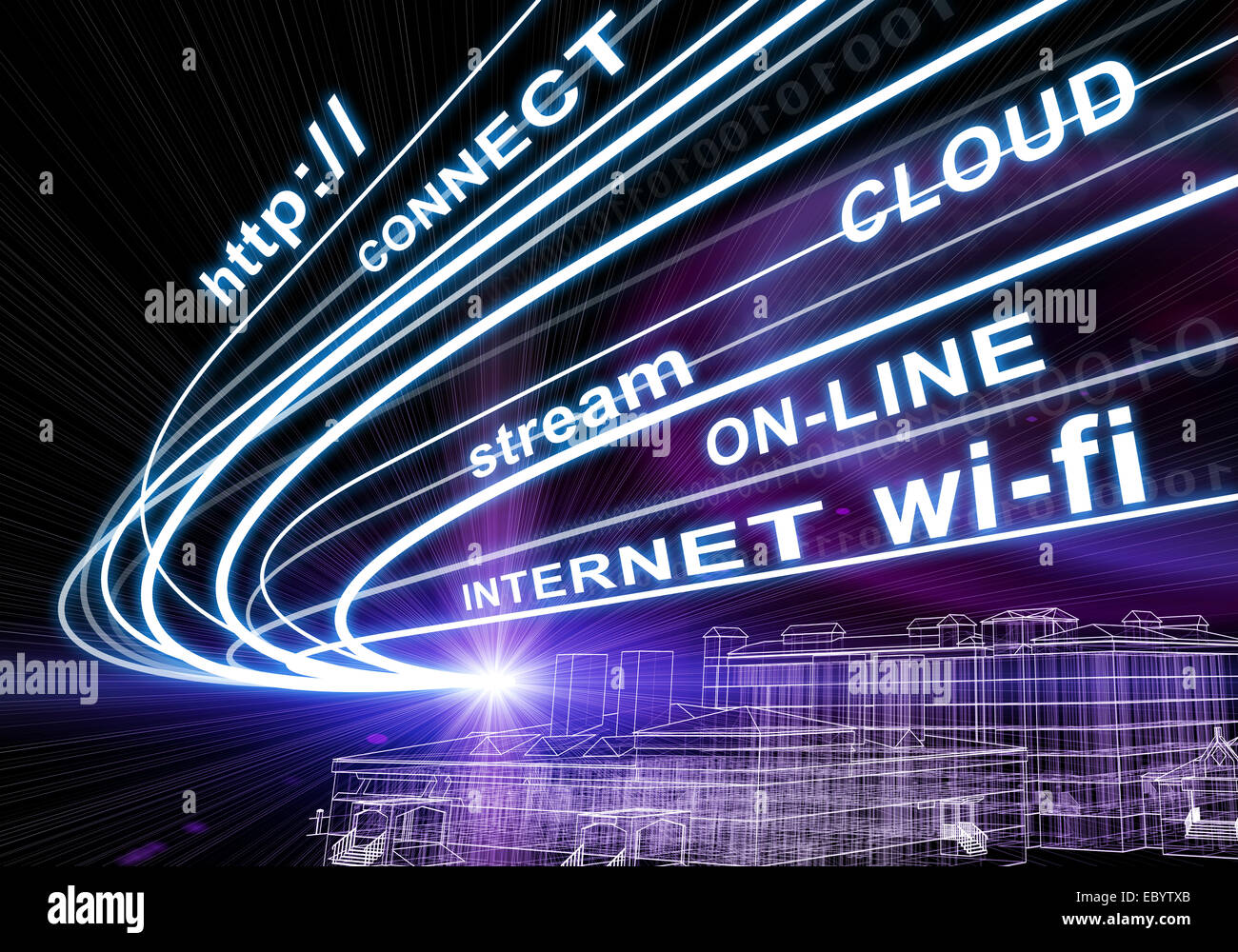 Wire-frame building, stream of light beams with inscribed binary code ...