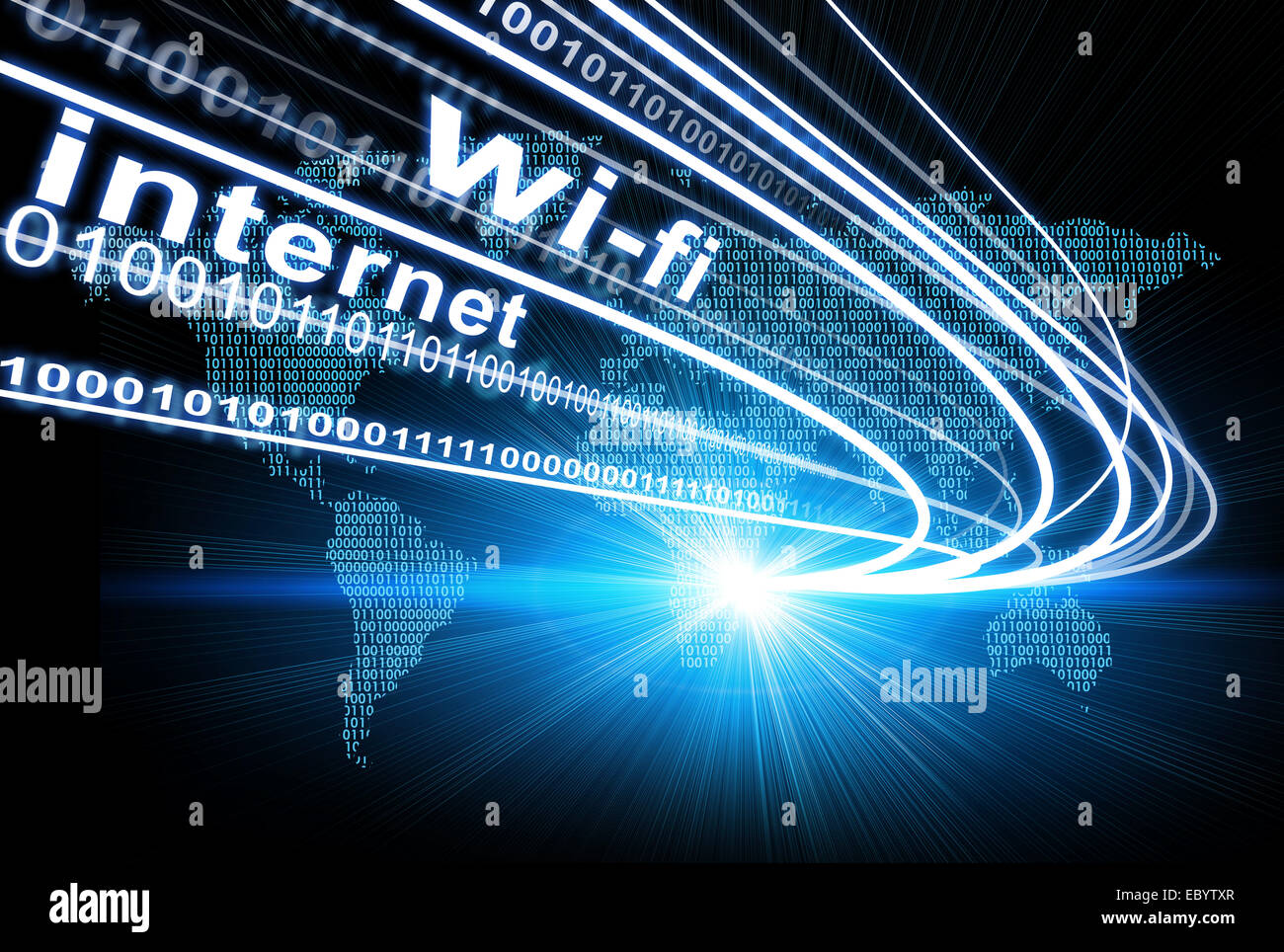 Continents, light beams, digits and words lwi-fi, internet on dark ...