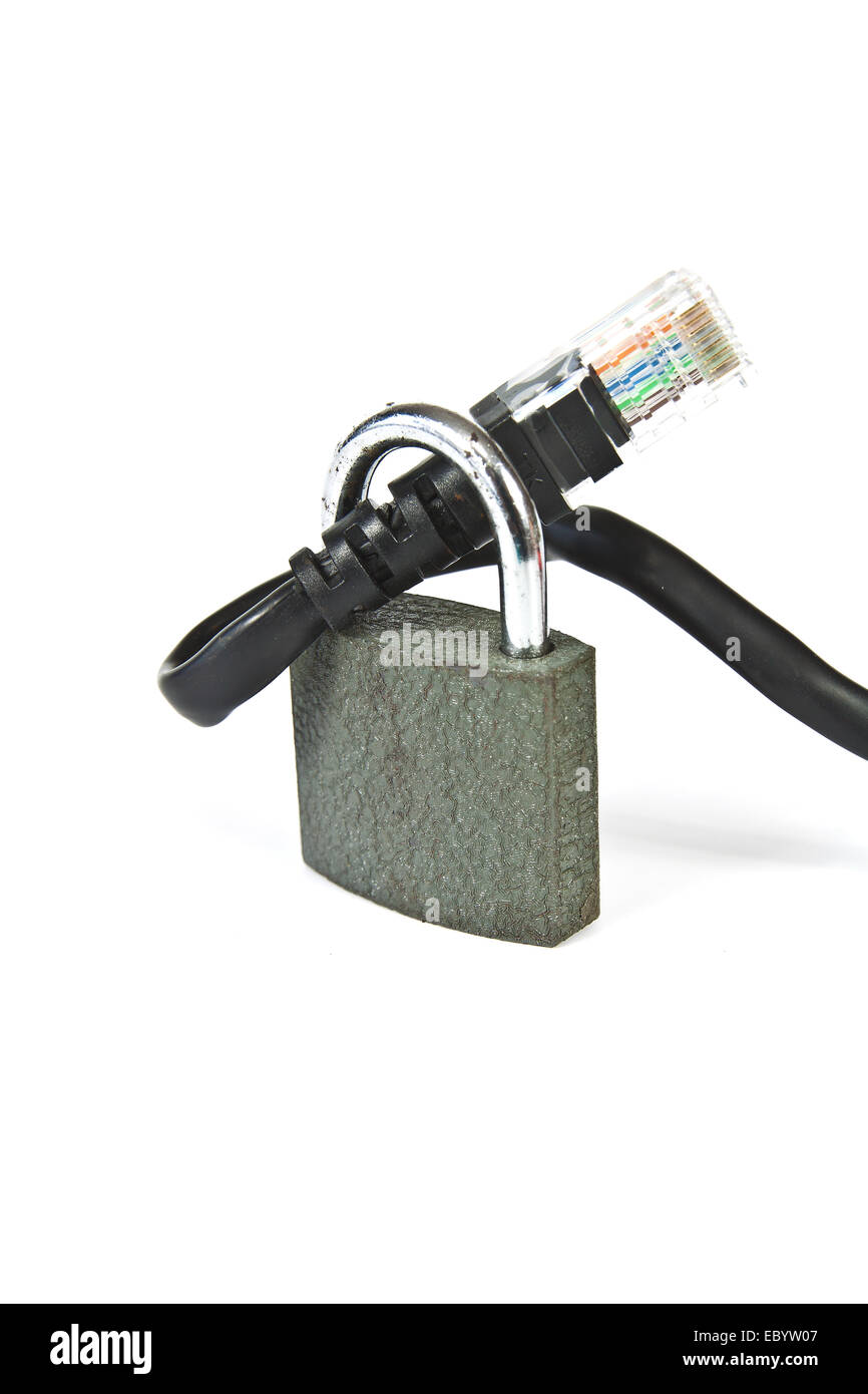 Internet cable locked with a padlock - concept of safe web browsing ...