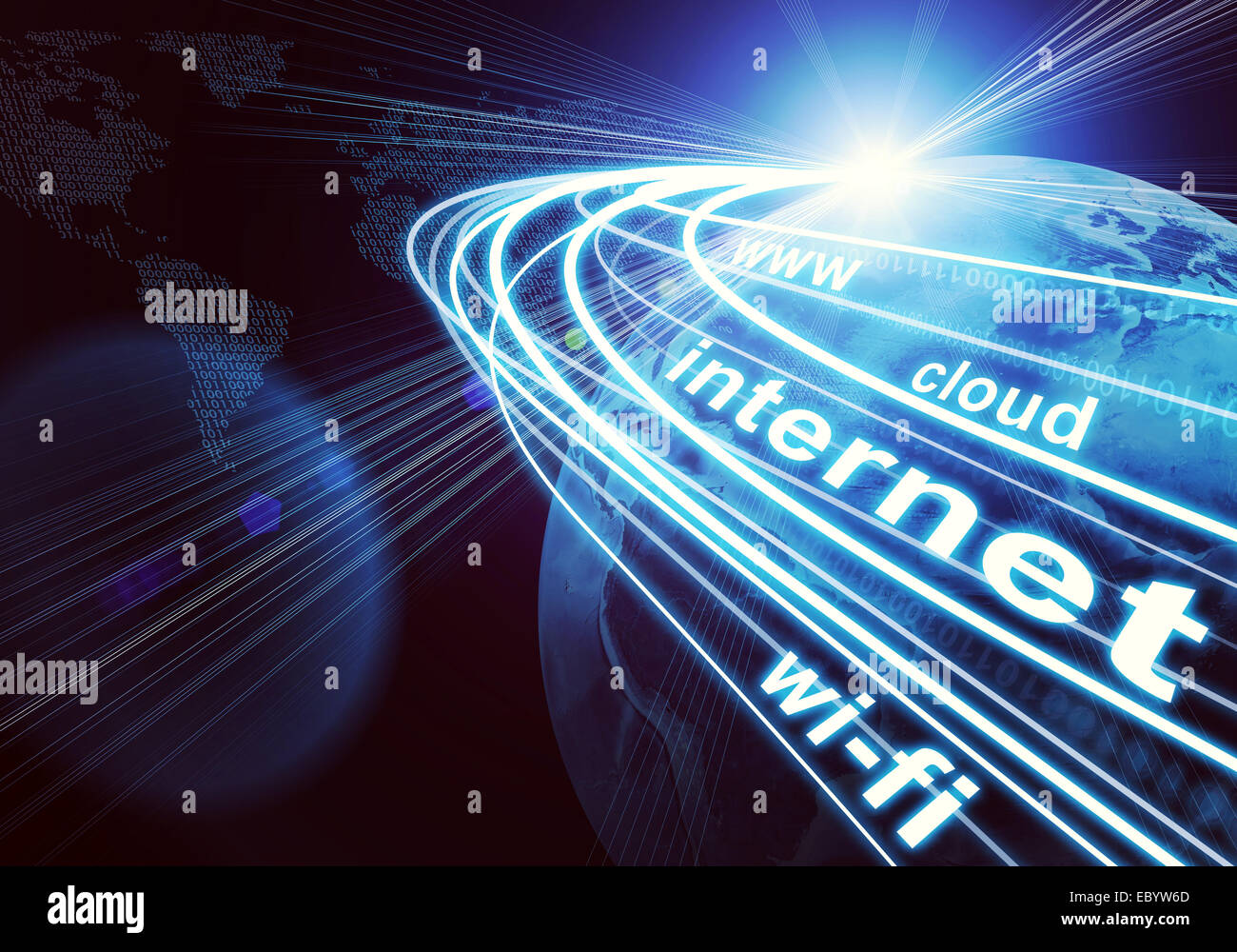 Earth, continents, light beams, digits and words like internet, web ...