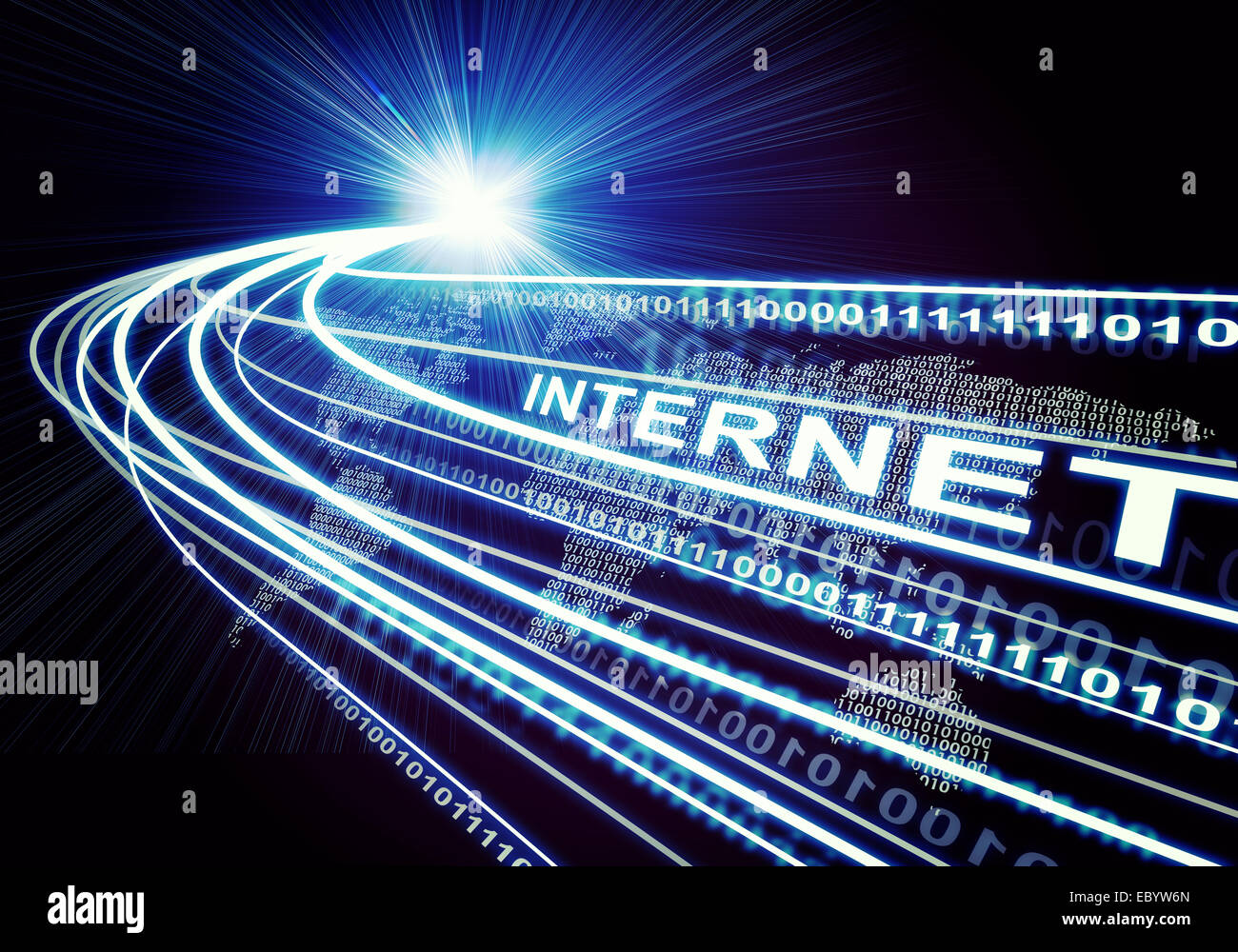 Continents, light beams, digits and word internet on dark background ...