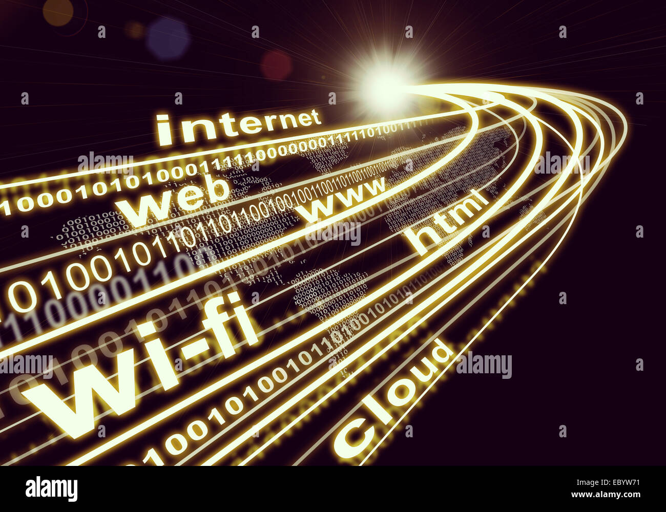 Continents, light beams, digits and words like internet, web, etc. on ...