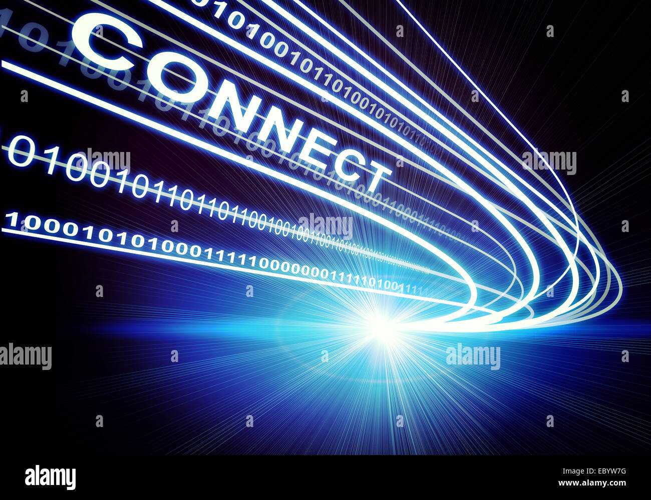 Stream of light beams, digits and word connect, on dark background ...