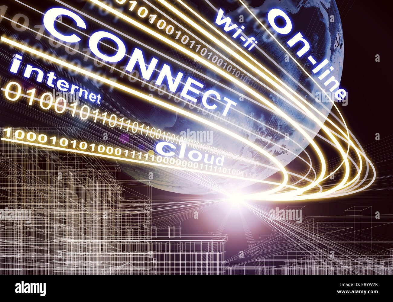 Earth, wire-frame building, ight beams, digits and words like on-line ...