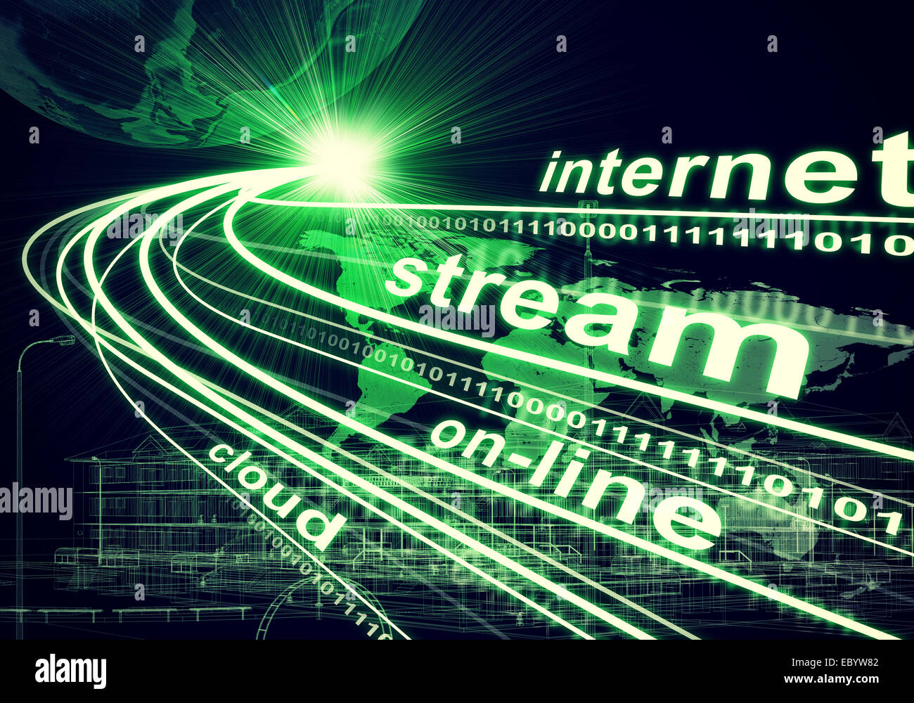 Earth, continents, wire-frame building, stream of light beams, digits ...