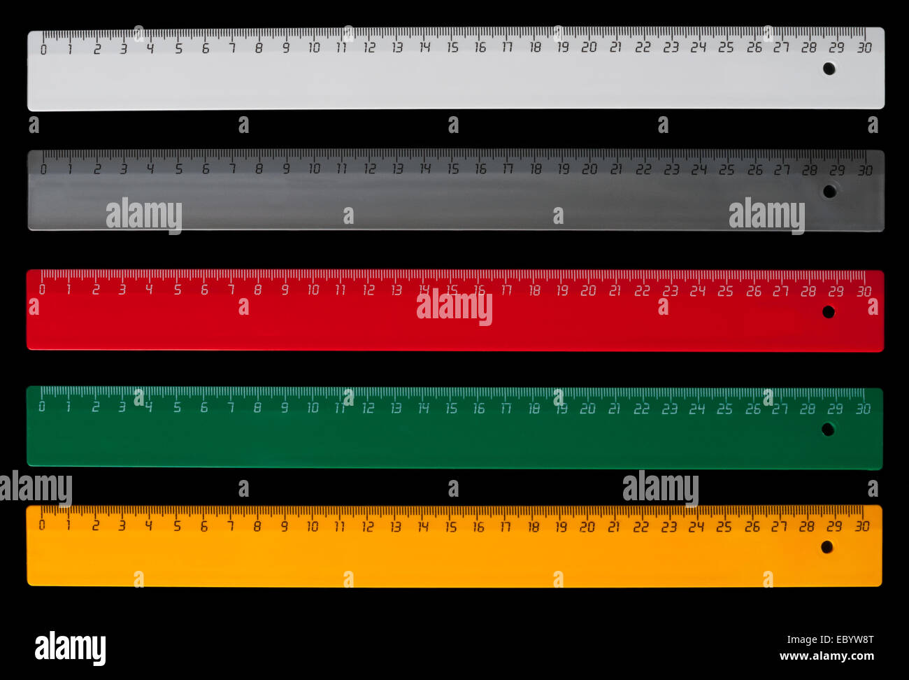 Five colorful centimeter rulers isolated on black background Stock ...
