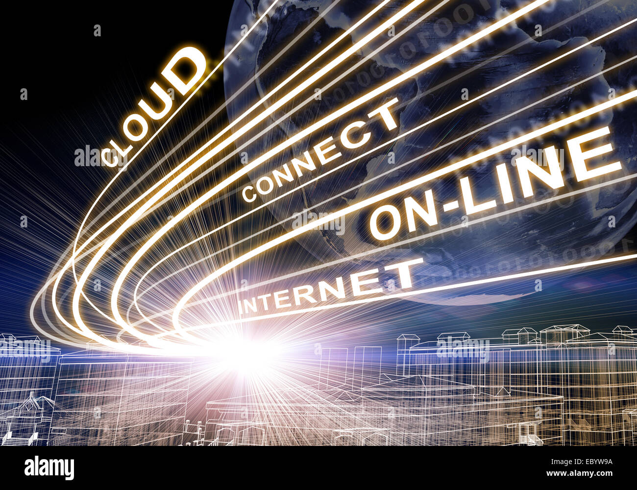 Earth, wire-frame buildings, light beams, digits and words like ...