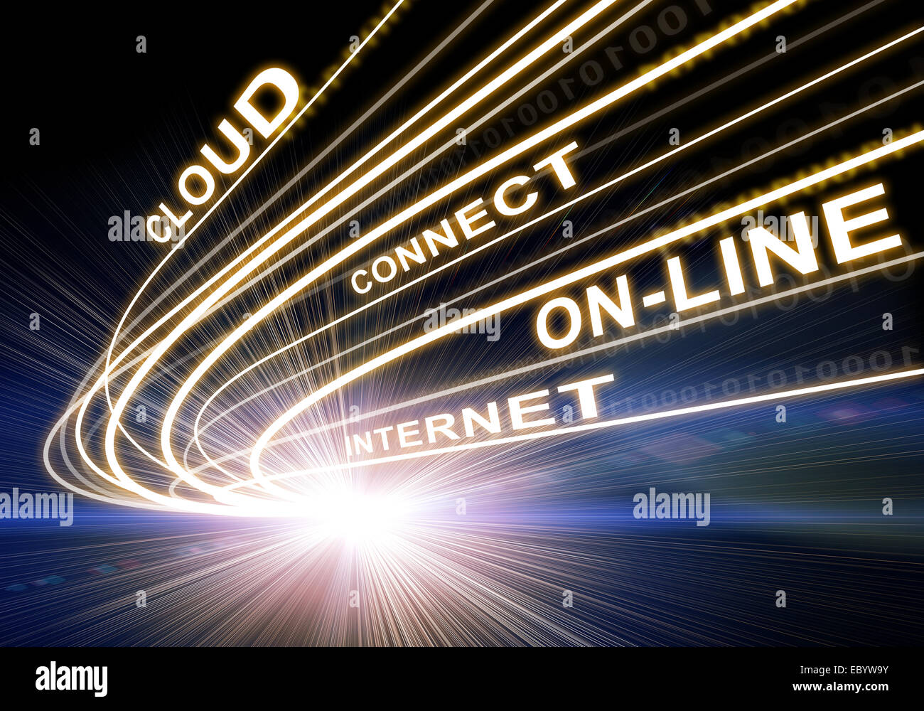 Stream of light beams with inscribed binary code and words like ...