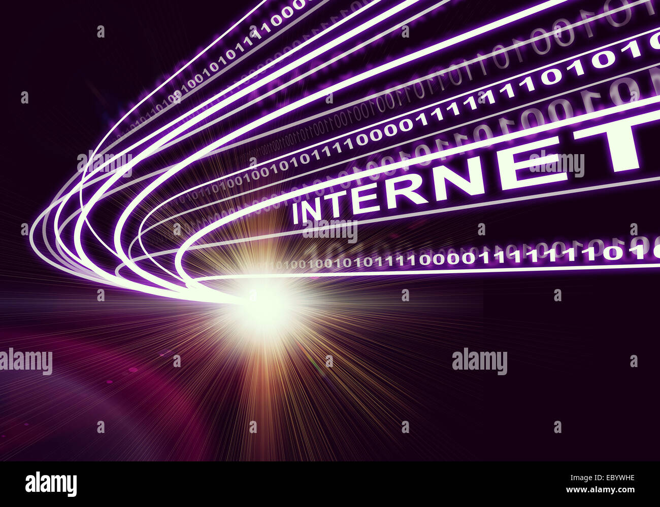 Stream of light beams, digits and word internet, on dark background ...
