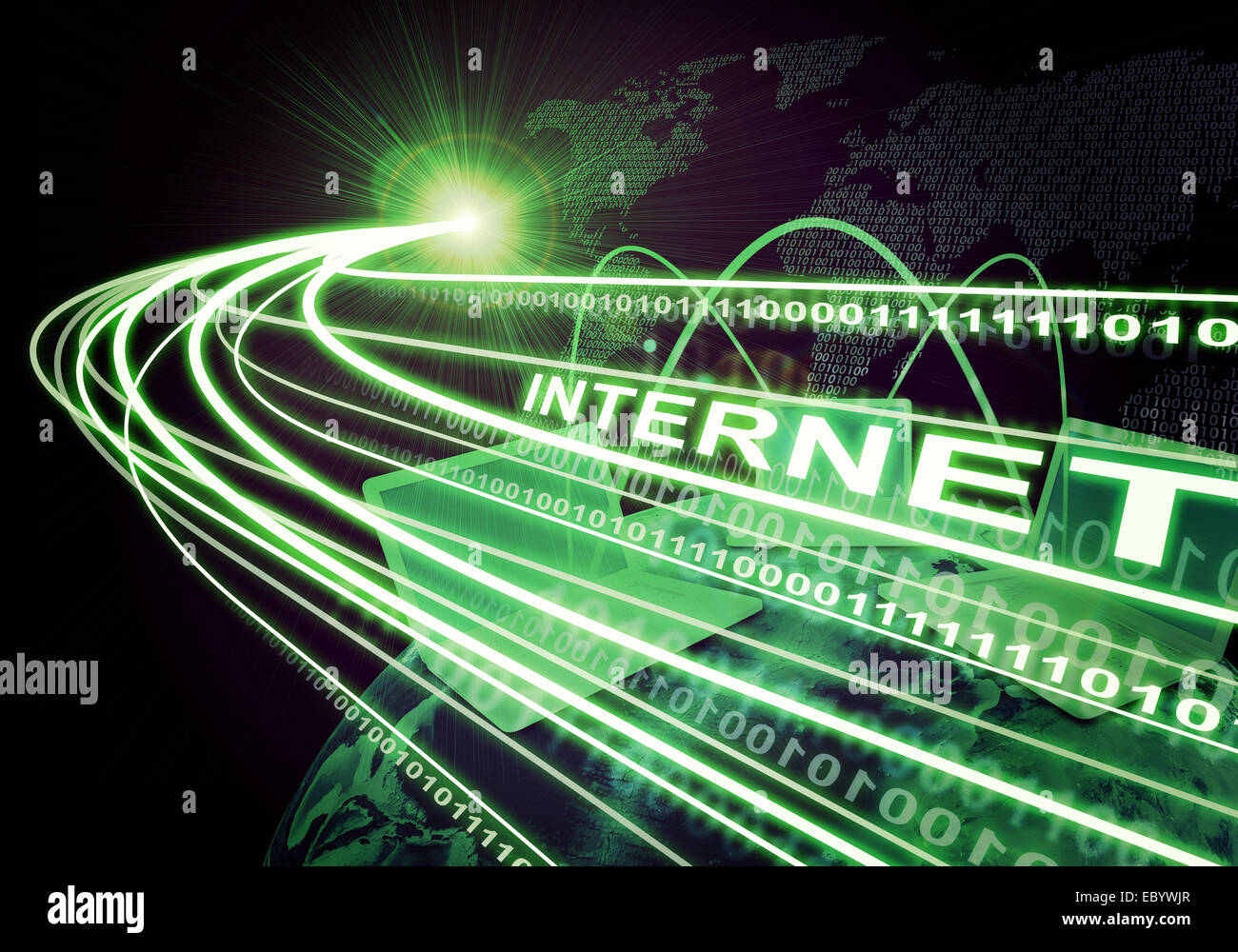 Earth, laptops, continents, light beams, digits and word internet on ...