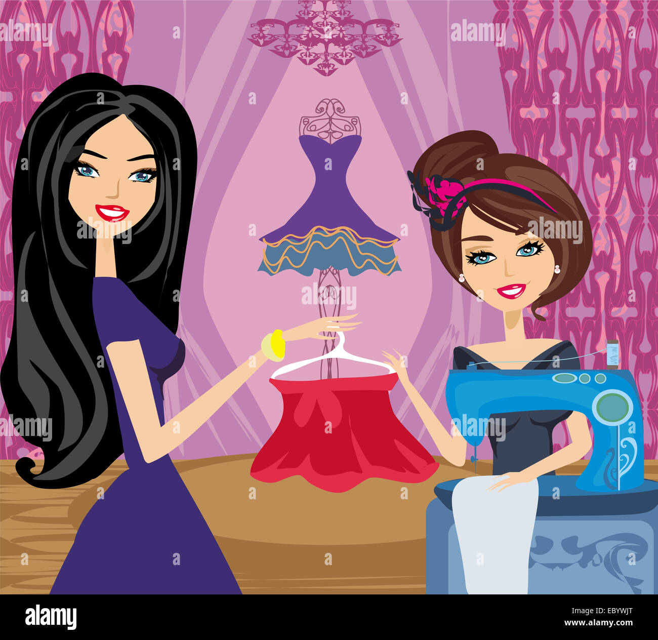 girl with sewing machine and elegant client Stock Photo - Alamy