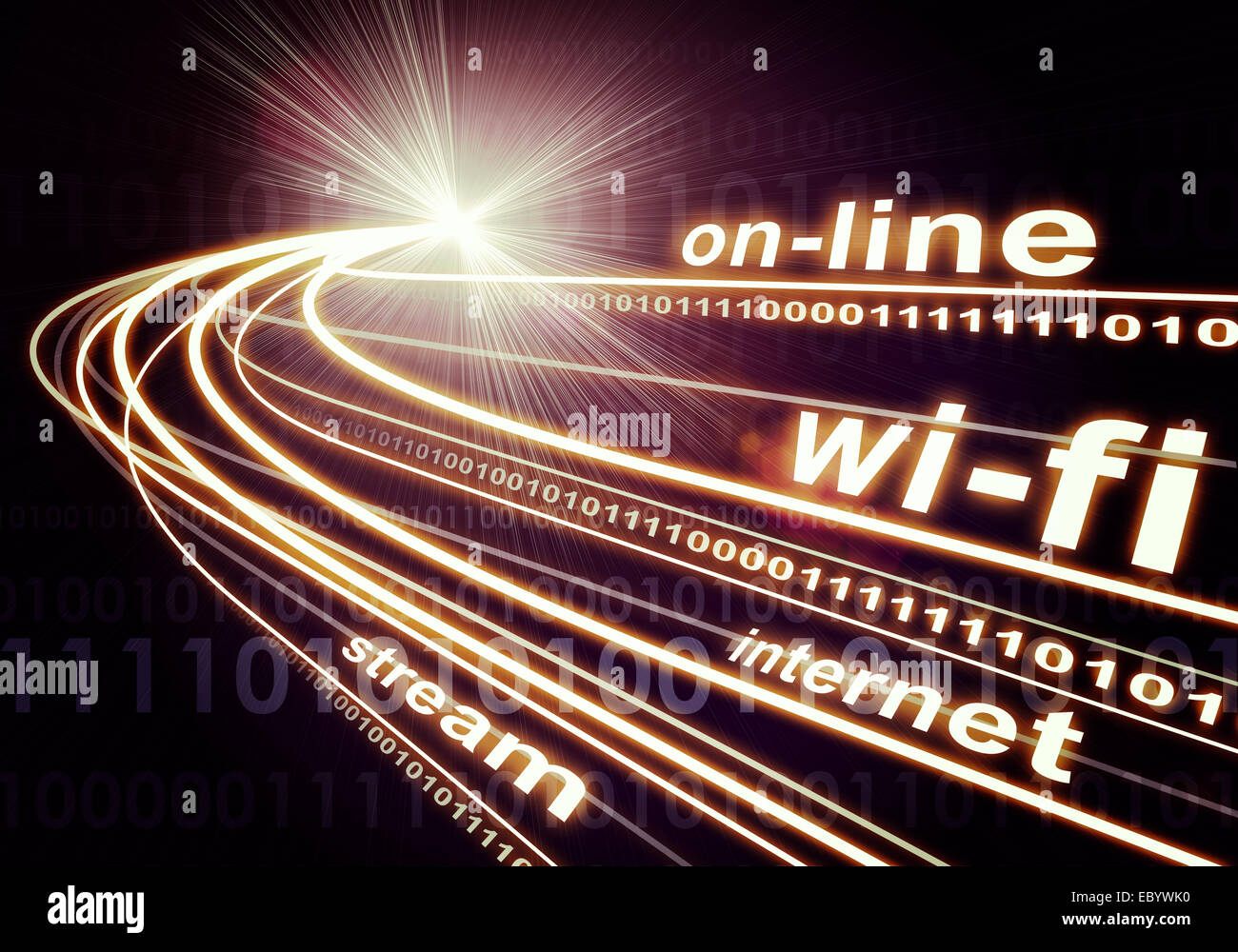 Light beams, digits and words like internet, on-line on dark background ...