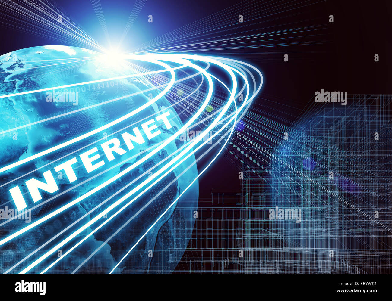 Earth, wire-frame building, light beams, digits and word internet on ...