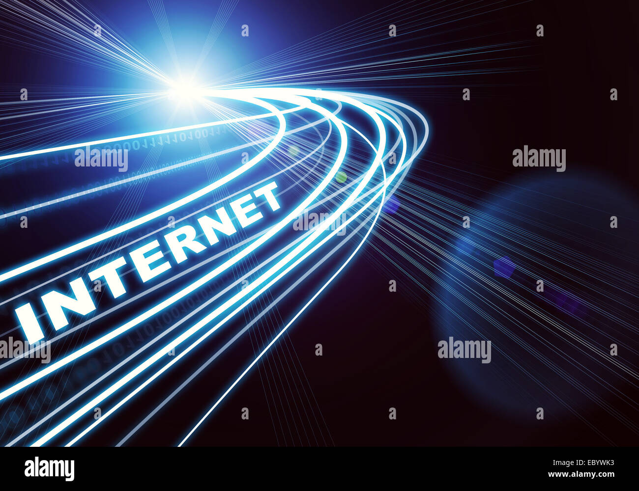 Stream of light beams, digits and word internet, on dark background ...