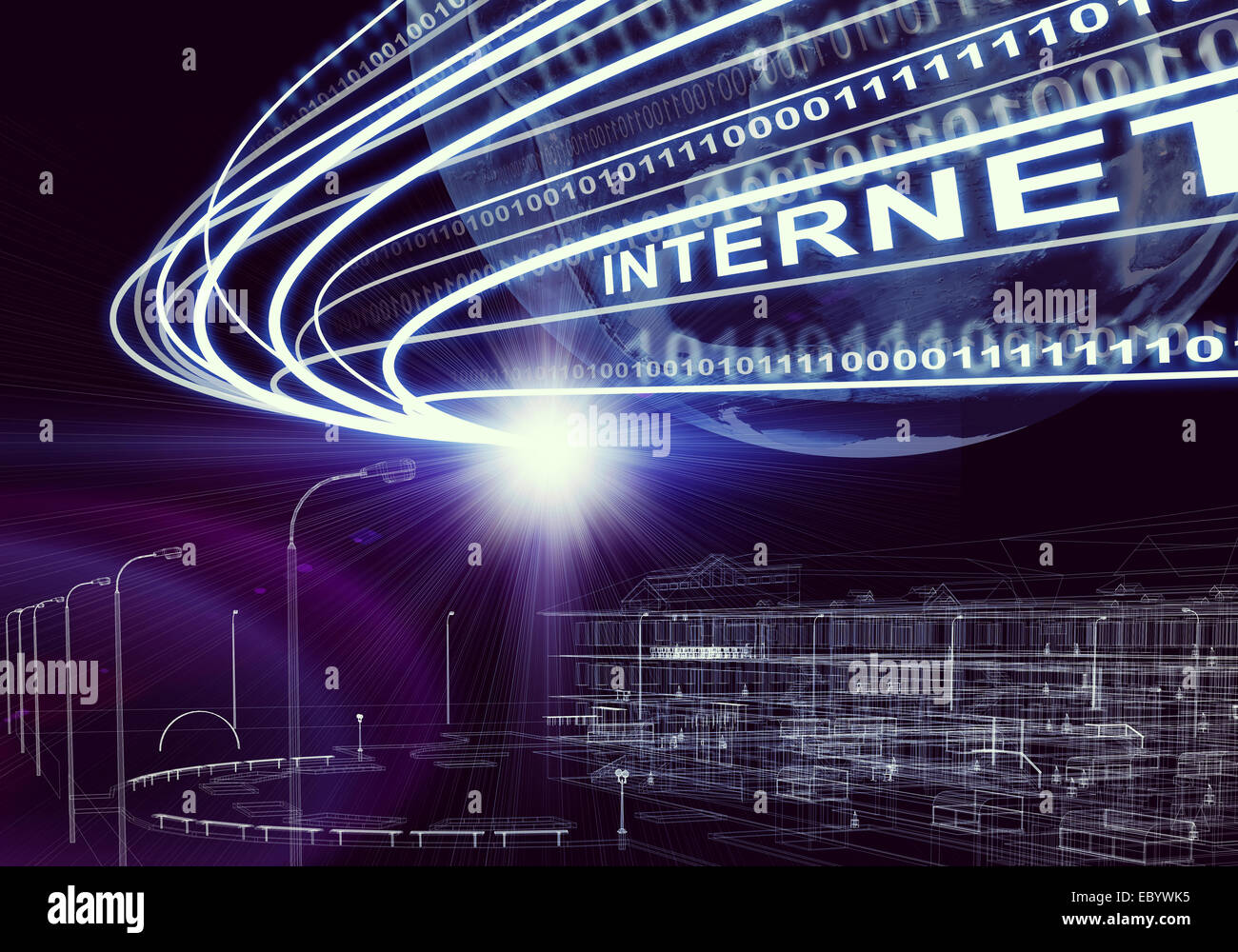Earth, wire-frame building, light beams, digits and word internet on ...