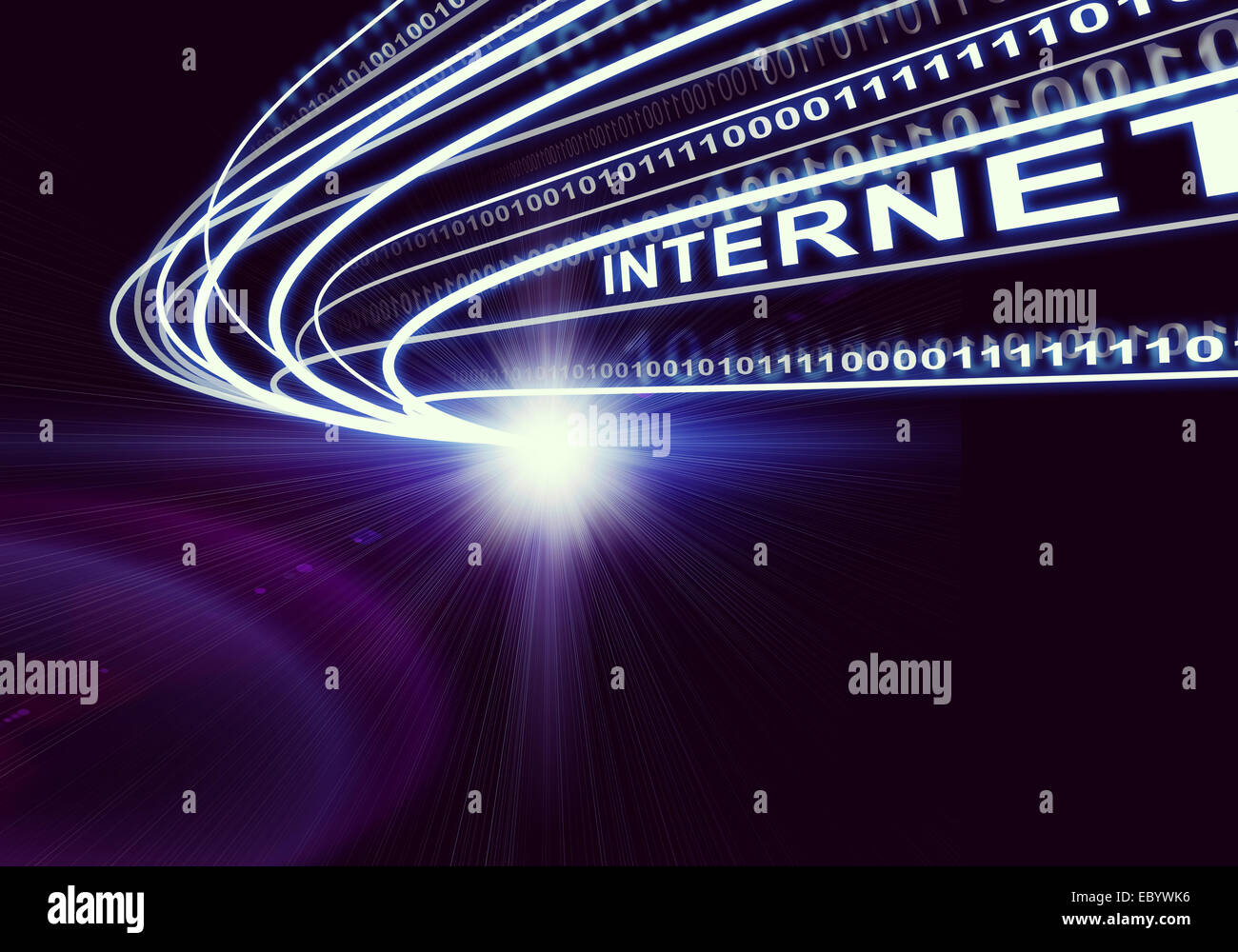Stream of light beams, digits and word internet, on dark background ...