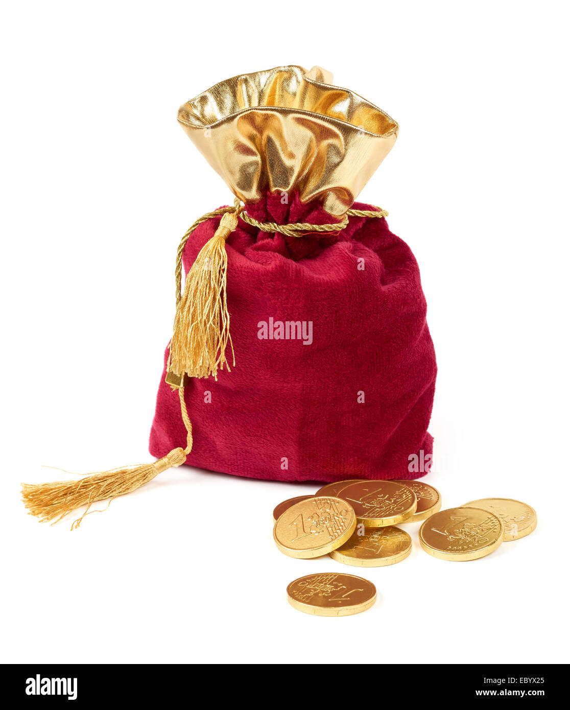 Red sack and euro chocolate coins isolated on white Stock Photo - Alamy