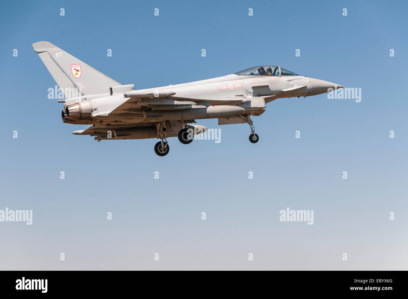 Side view of an RAF Eurofighter Typhoon combat aircraft as it ...