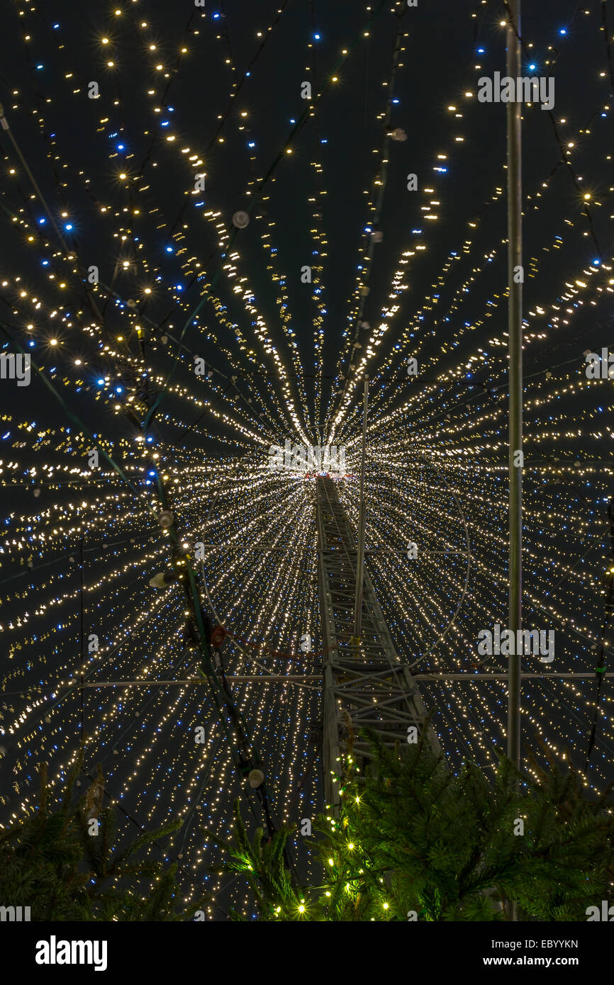 Inside view of a modern christmas tree built with a steel pole and ...