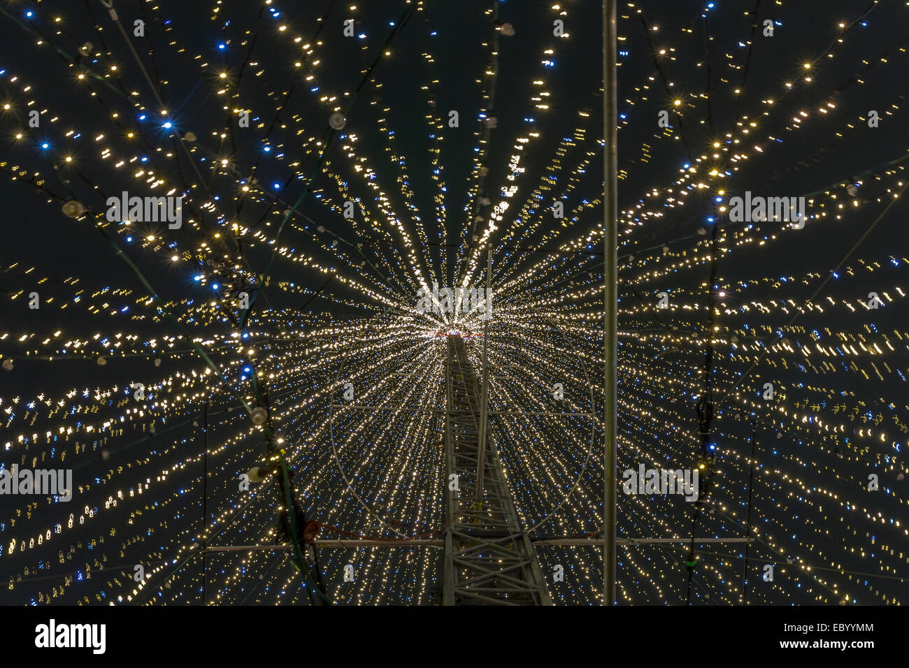 Inside view of a modern christmas tree built with a steel pole and ...