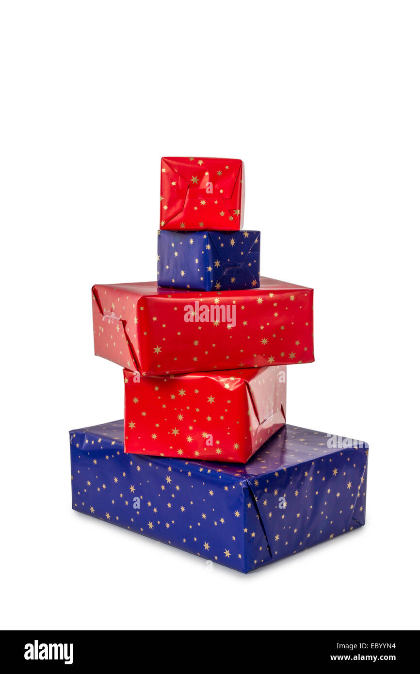 Stack of five presents in different sizes wrapped in blue and red paper ...