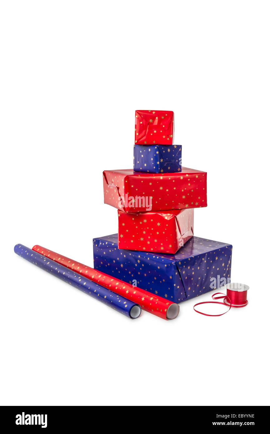 Stack of five presents in different sizes with blue and red wrapping ...