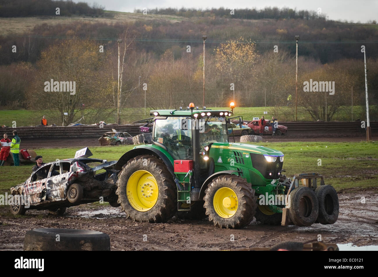 big green tractor tractors john Deere clearing car cars at demolition ...