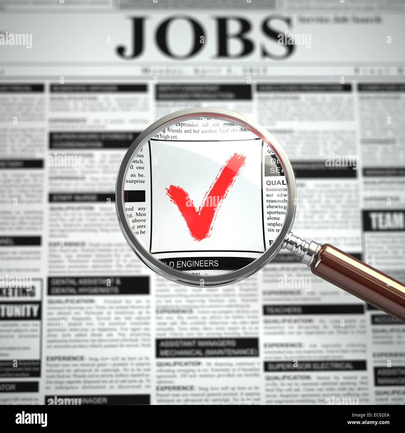 Job search concept. Loupe, newspaper with employment advertisements. 3d ...