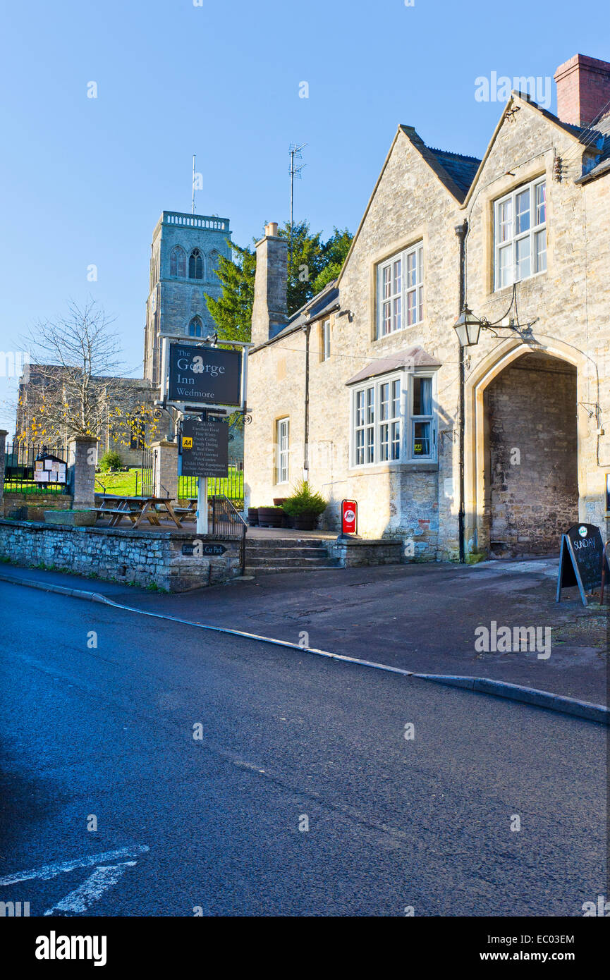 St Mary's Church and the George Hotel, in the village of Wedmore ...